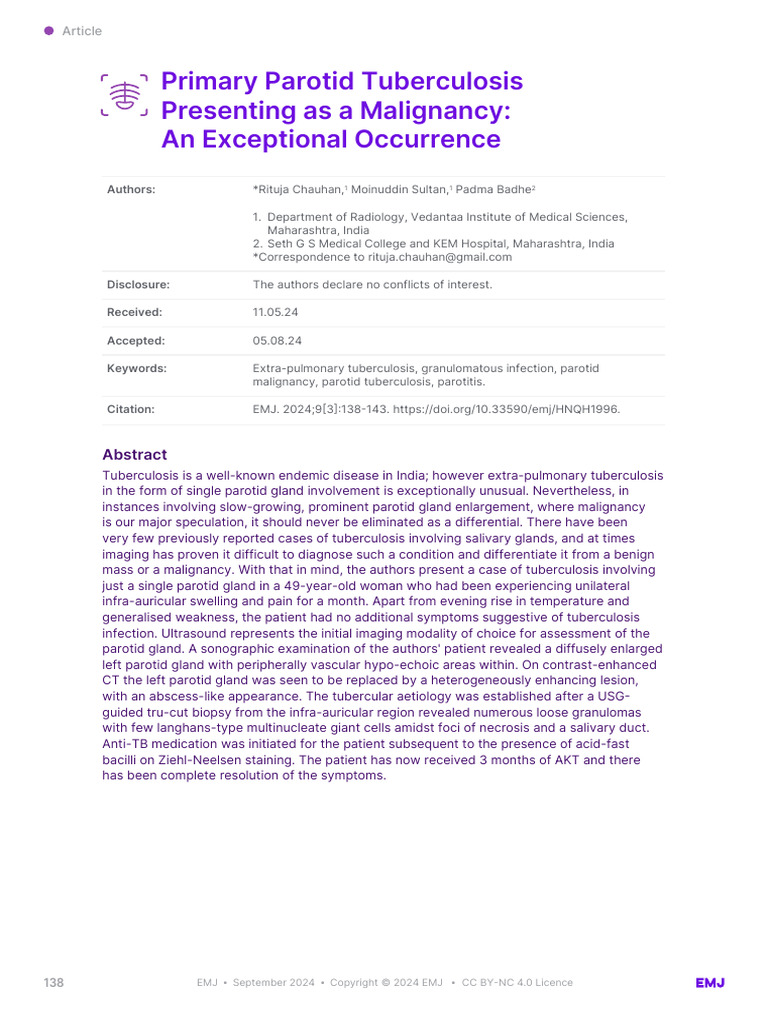 Primary Parotid Tuberculosis Presenting As A Malignancy | PDF ...