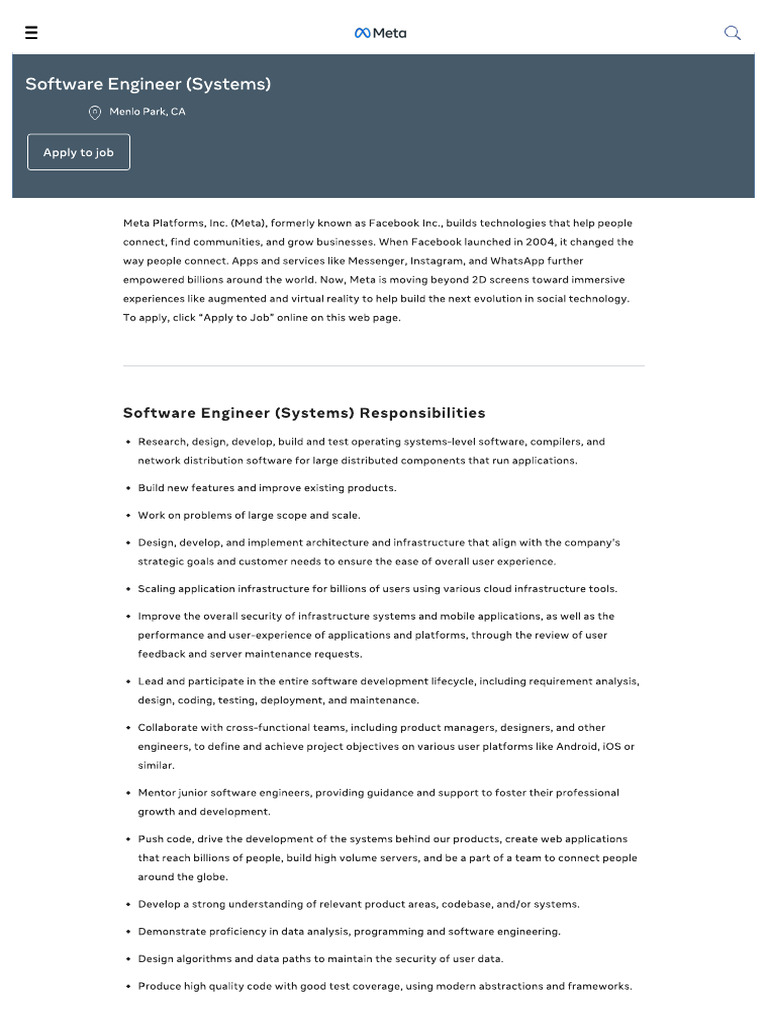 Software Engineer (Systems) - Meta Careers | PDF