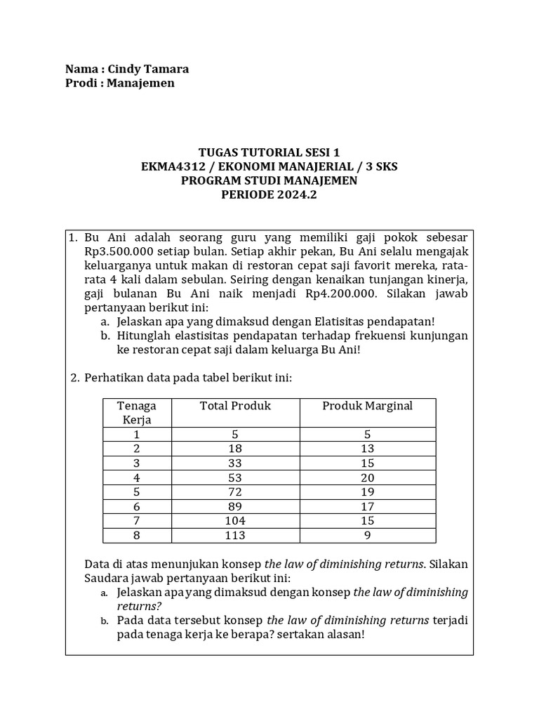 Tugas 1 - Ekonomi Manajerial. | PDF