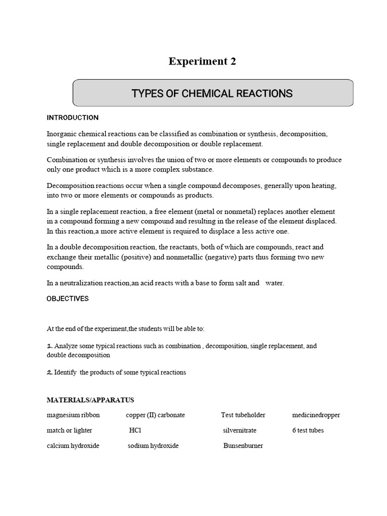 Experiment-2 Types of Chemical Reactions | PDF