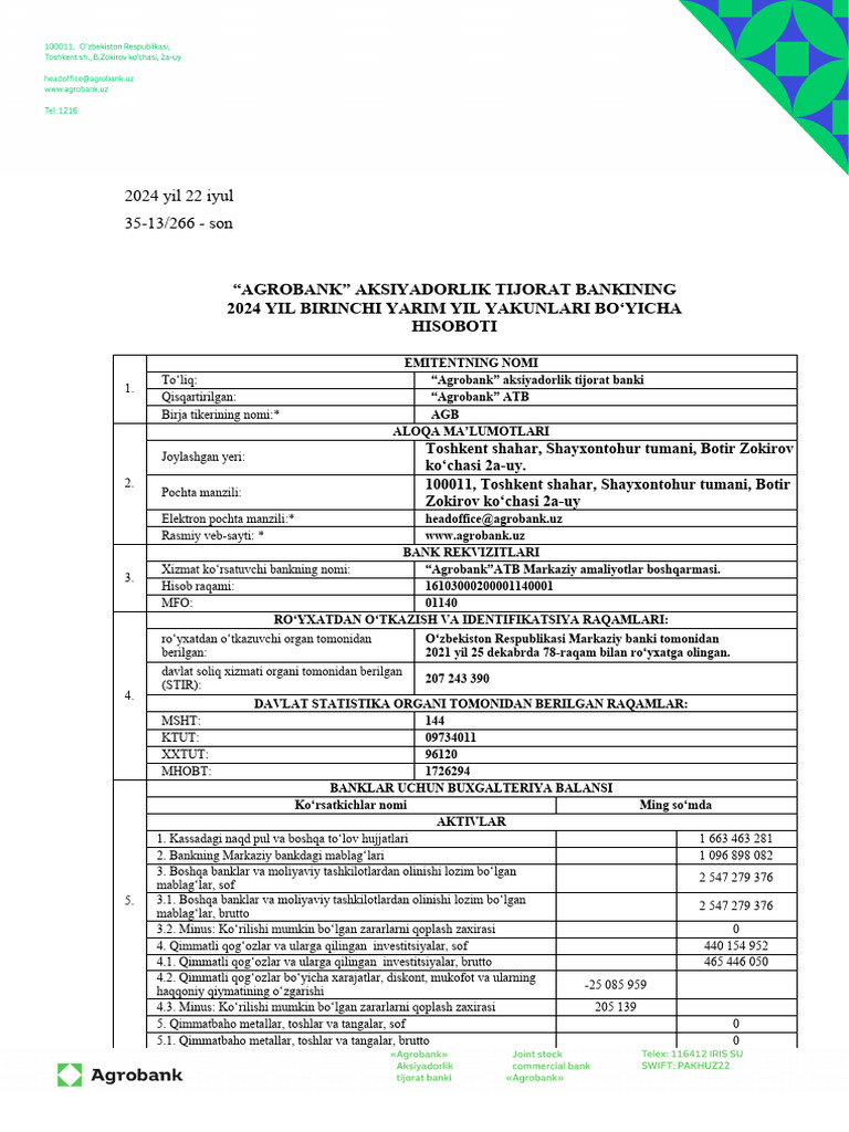 2024-Yil I Yarim Yillik Hisobot | PDF