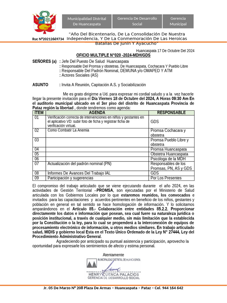 OFICIO N°024-REUNION Promsa, AS y ACTUALIZACION PN OCTUBRE | PDF | Gobierno