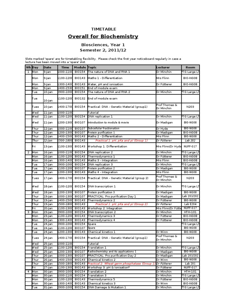 Semester 2 Biochem Timetable | PDF | Biochemistry | Chemistry