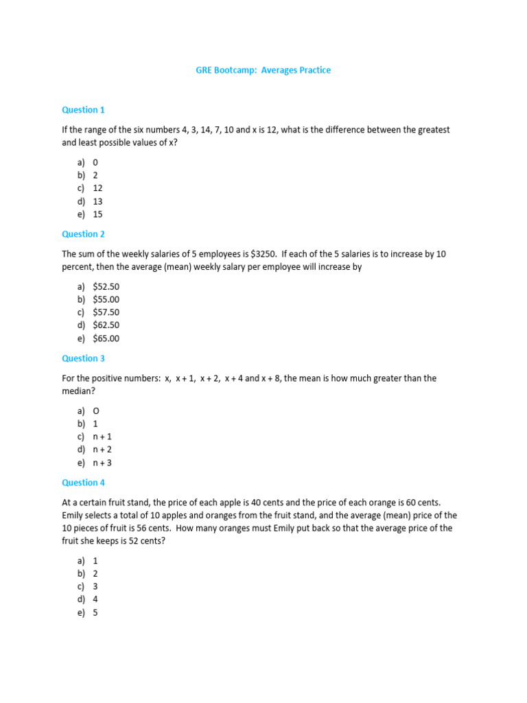 GRE Bootcamp: Average Calculations Practice | PDF | Mean | Average