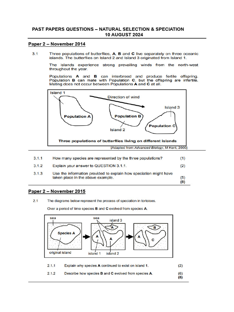2024 Natural Selection Past Papers Questions | PDF