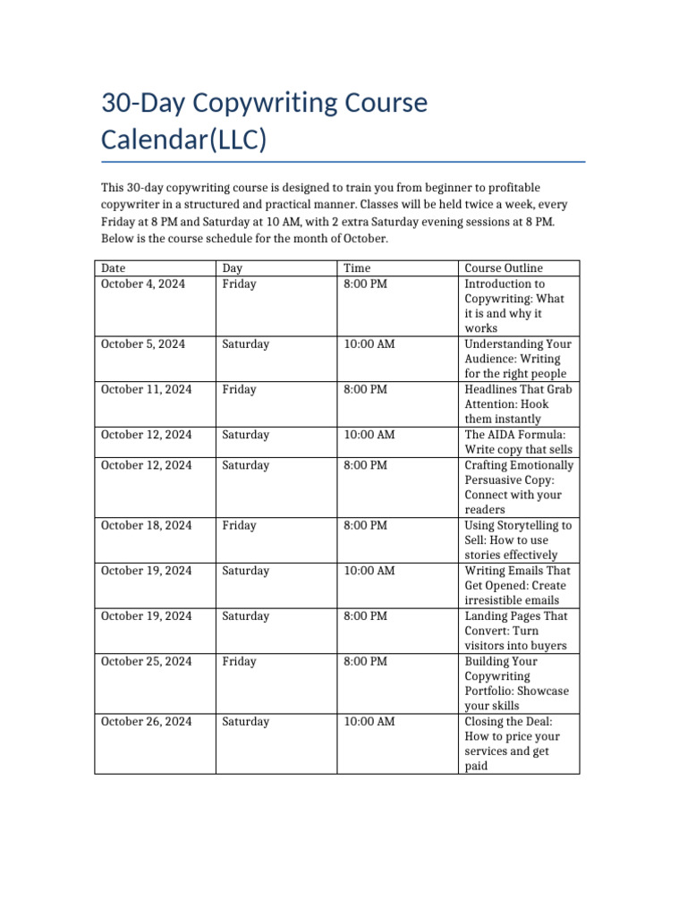 Updated 30-Day Copywriting Course Calendar October | PDF | Copywriting ...