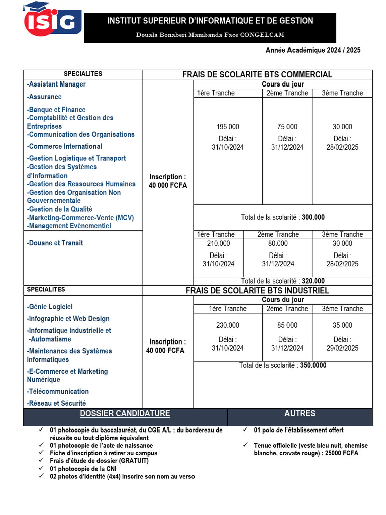Frais de scolarité BTS 2024-2025 | PDF | Informatique