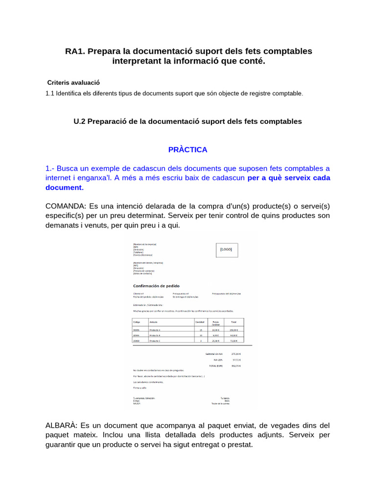 Pràctica. 1. Preparació de La Documentació Dels Fets Comptables. Identificació de Documents. | PDF