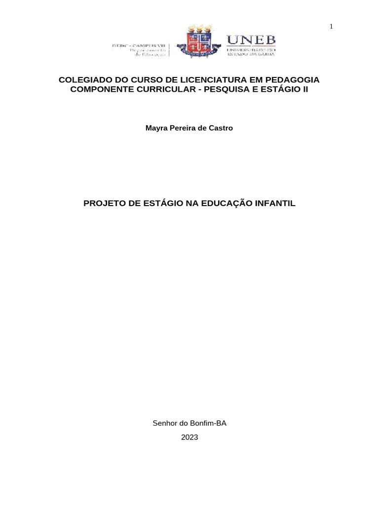 Projeto de Estagio Mayra | PDF | Aprendizado | Pré-escola