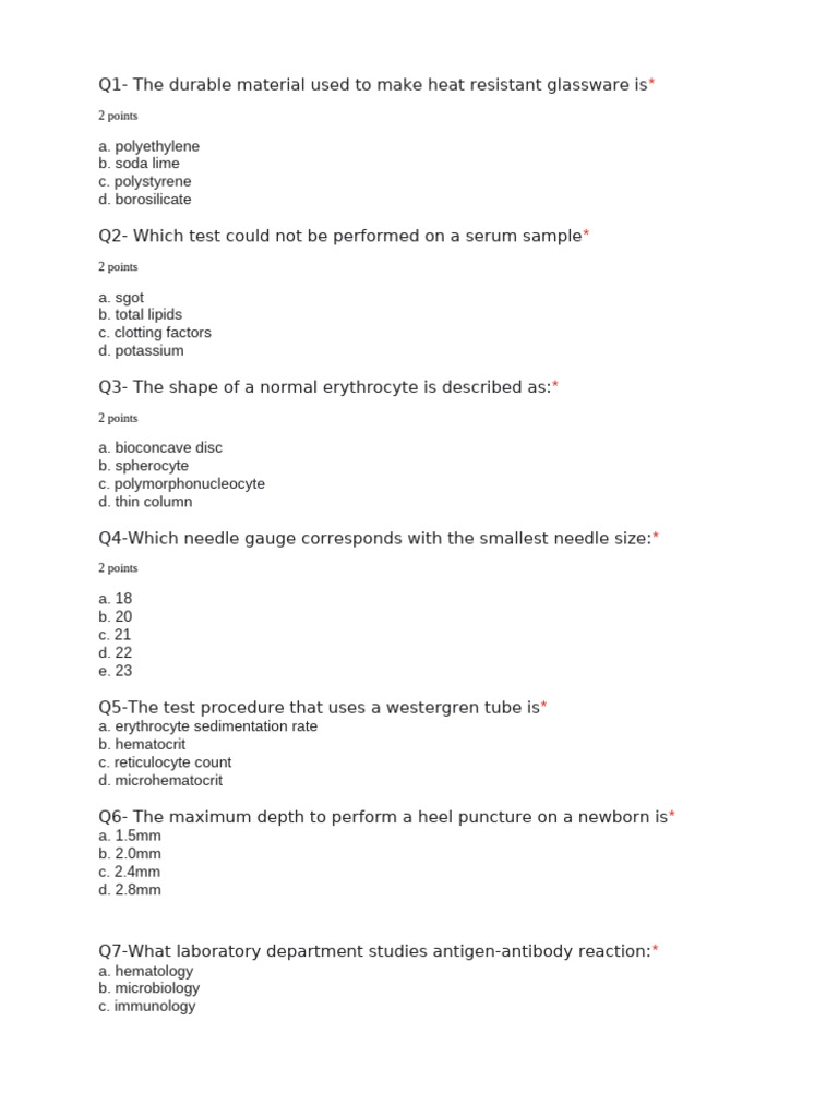 Medical Laboratory Quiz Questions | PDF | Red Blood Cell | Staining
