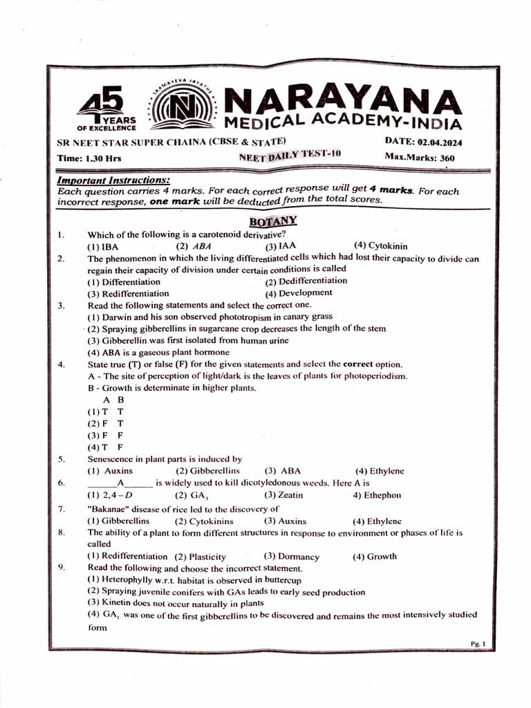 Neet Daily Test - 10 (02-04-2024) | PDF | Plant Hormone | Anatomy