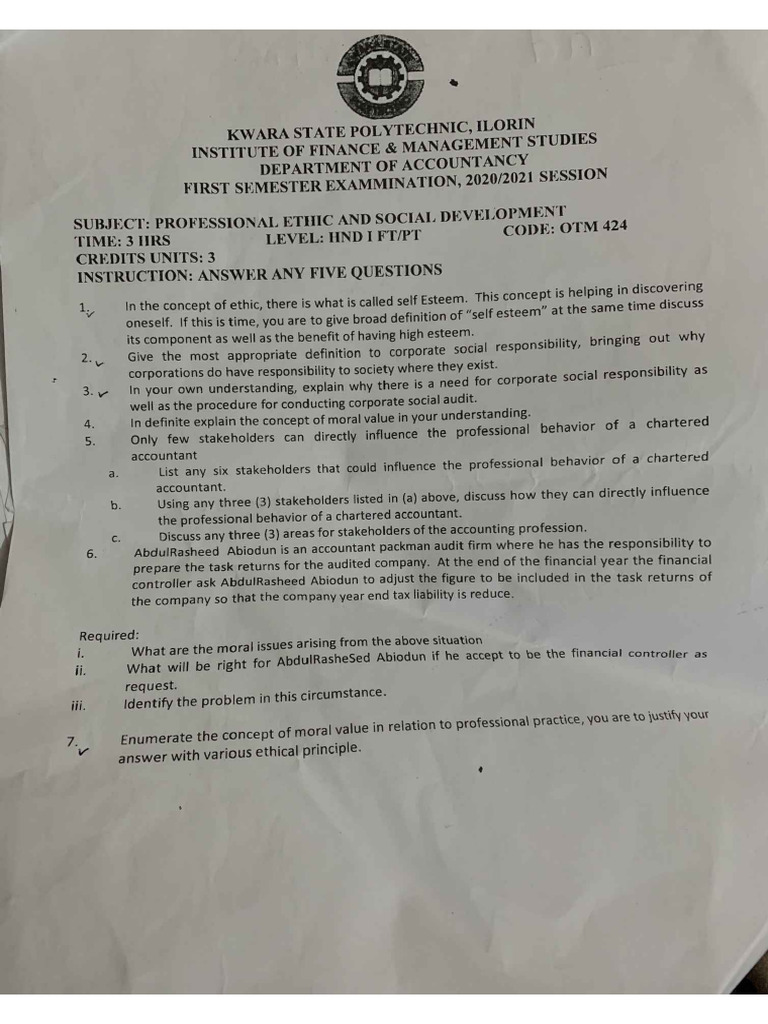 HND 1 Second Semester Past Question | PDF