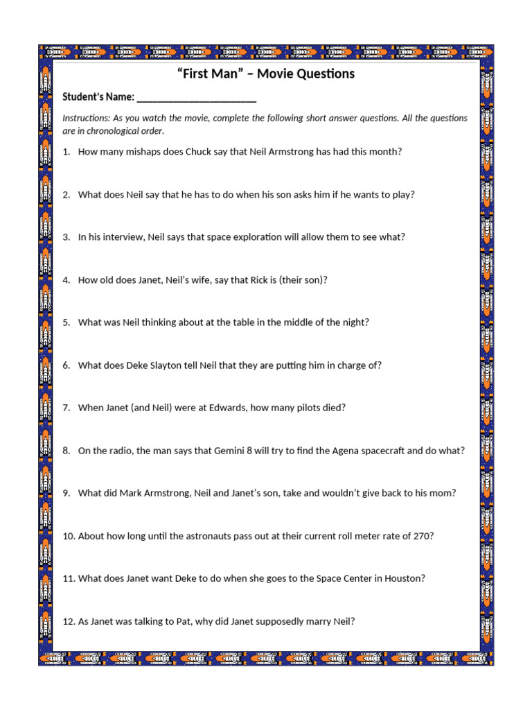 First Man - 25 Movie Questions With Answer Key (Quick Guide) | PDF ...
