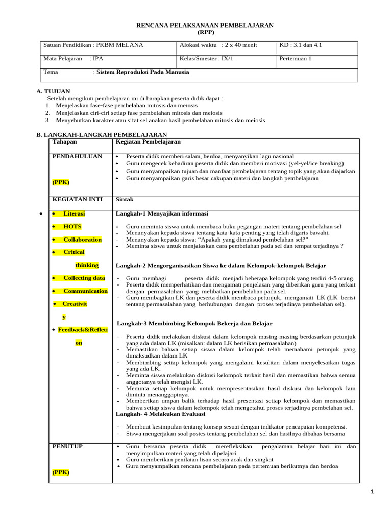 RPP Ipa Kelas 9 | PDF