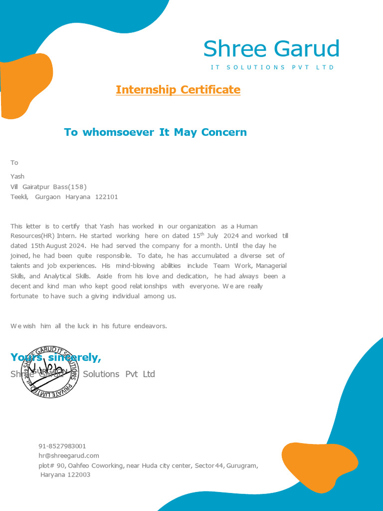 Internship Letter Yash | PDF