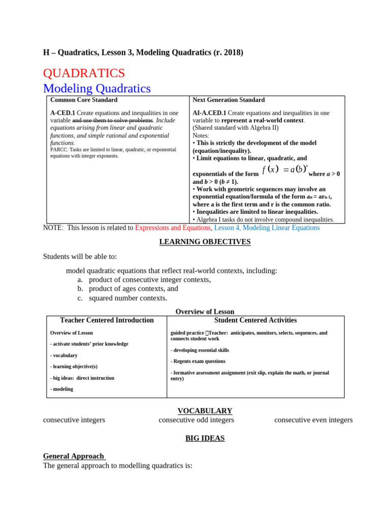 Modeling Quadratics | PDF | Equations | Quadratic Equation