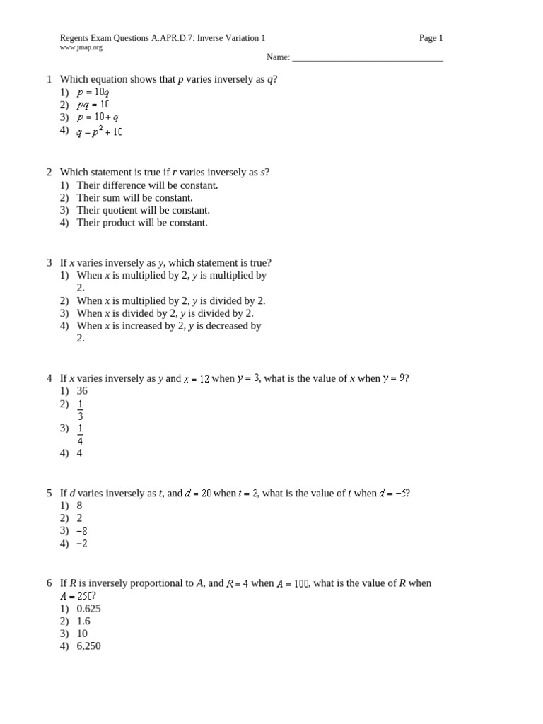 Inverse Variation Exam Questions | PDF | Gases | Area