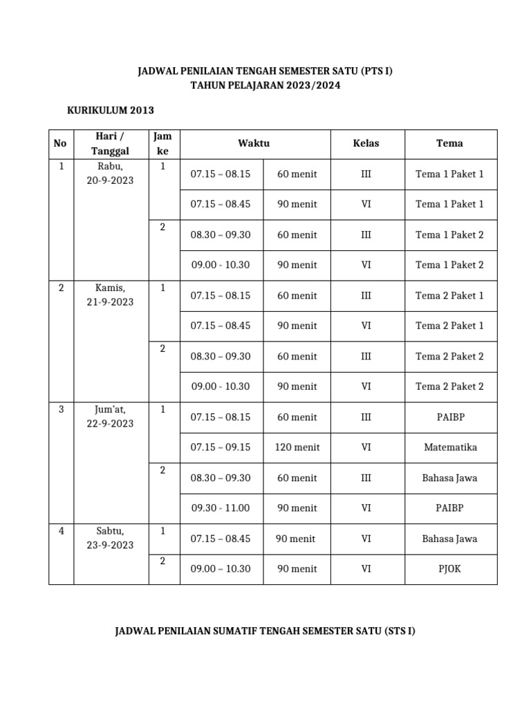 Jadwal PTS dan STS 2023/2024 | PDF