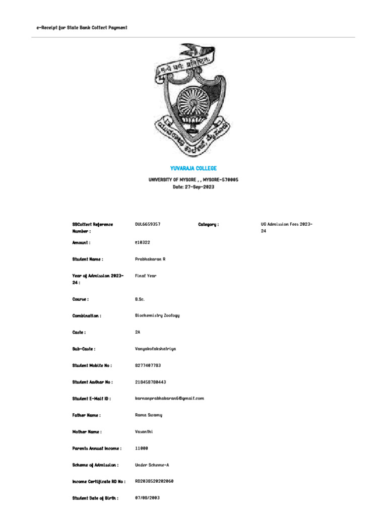 Fee Receipt Prabhakaran R | PDF | Fee | Payments