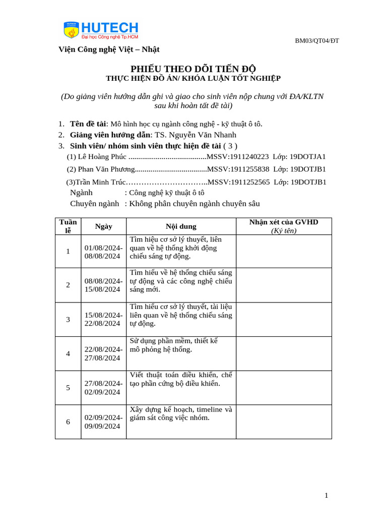 BM03 - QT04 - ĐT - Phieu Theo Doi Tien Do | PDF
