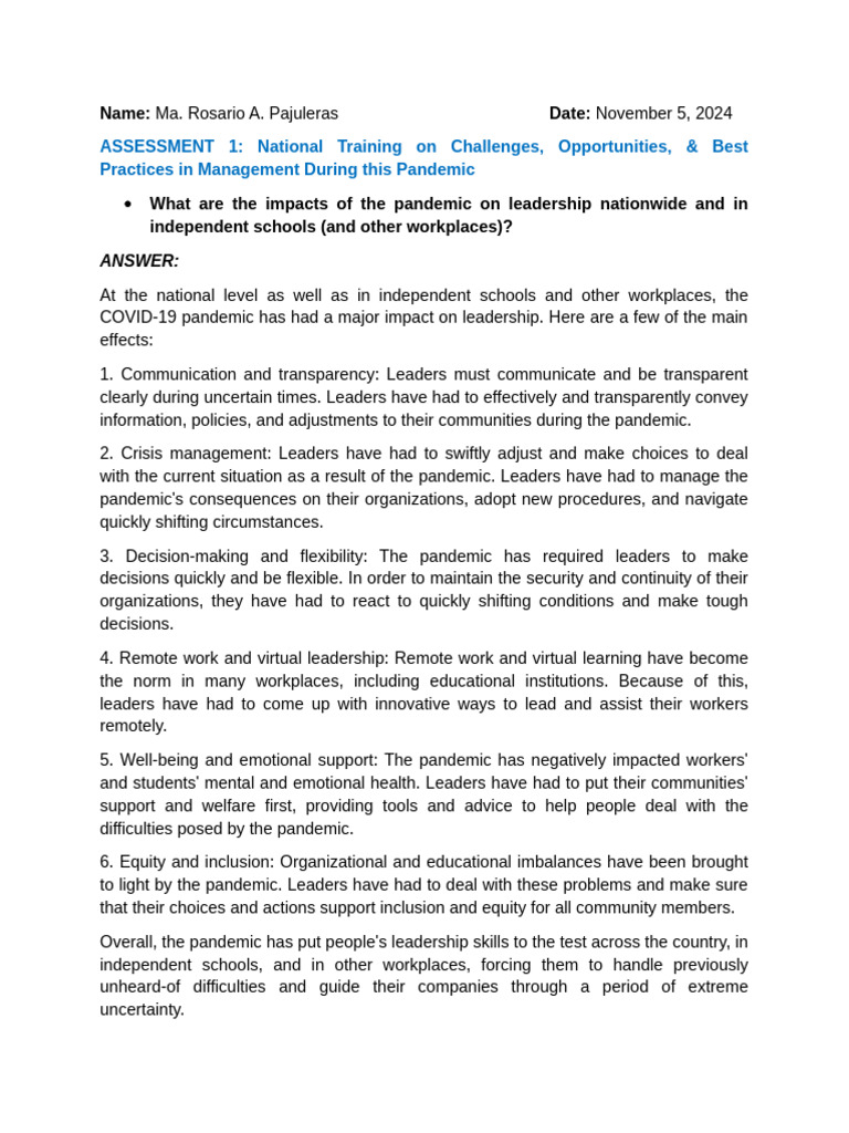 Leadership Strategies Post-Pandemic | PDF | Leadership | Crisis Management