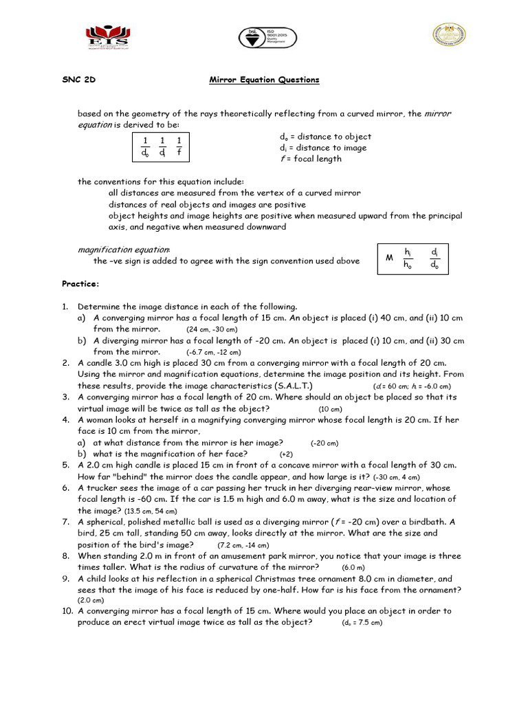 Mirror Equation Practice Problems | PDF | Mirror | Optics