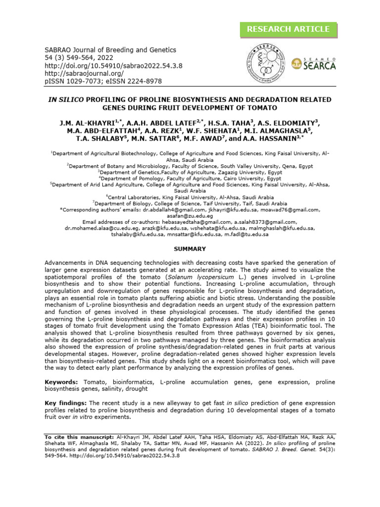 Proline Gene Profiling in Tomato Development | PDF | Proline | Biosynthesis