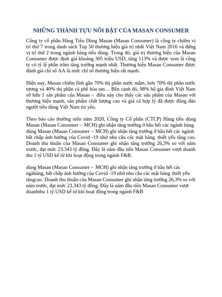 NHỮNG THÀNH TỰU NỔI BẬT CỦA MASAN CONSUMER | PDF