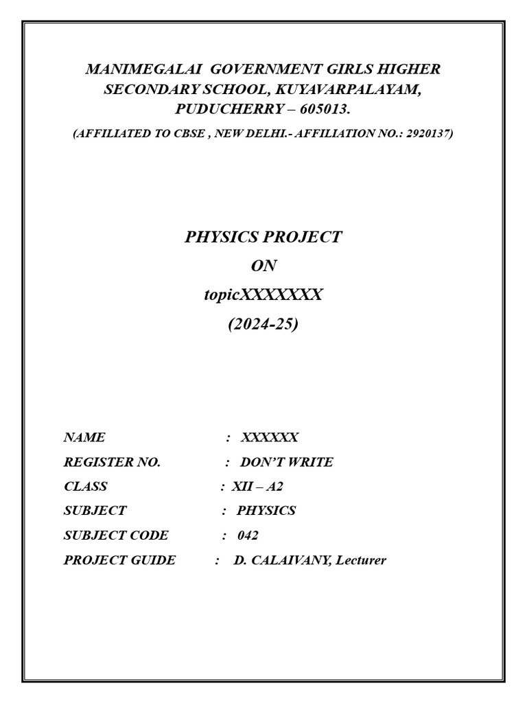 Physics Project Cover Page Template | PDF