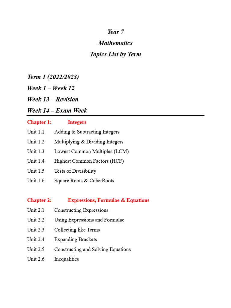 Mathematics Year 7 Topics List (2022-2023) | PDF | Multiplication | Shape