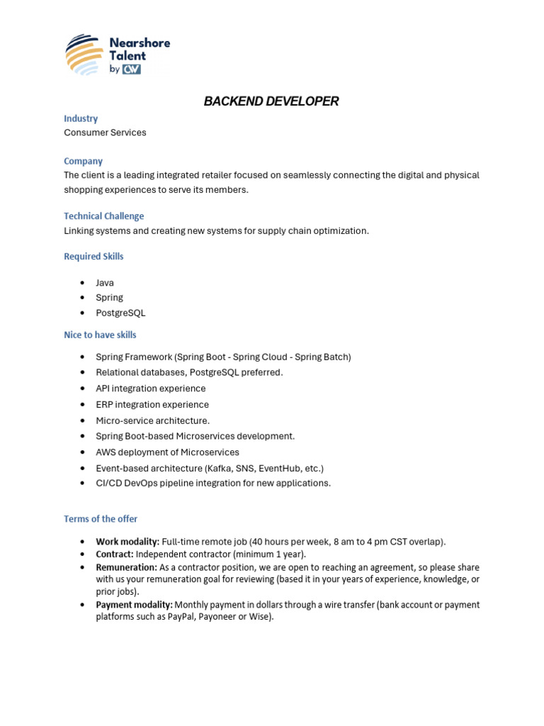 Backend Developer (CT) - Job Description | PDF | Business