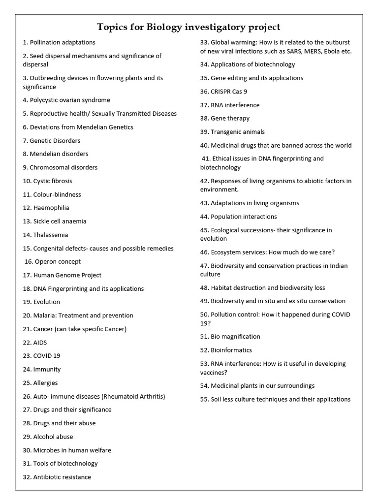 Biology Project Topics for Students | PDF | Biotechnology | Genetic ...