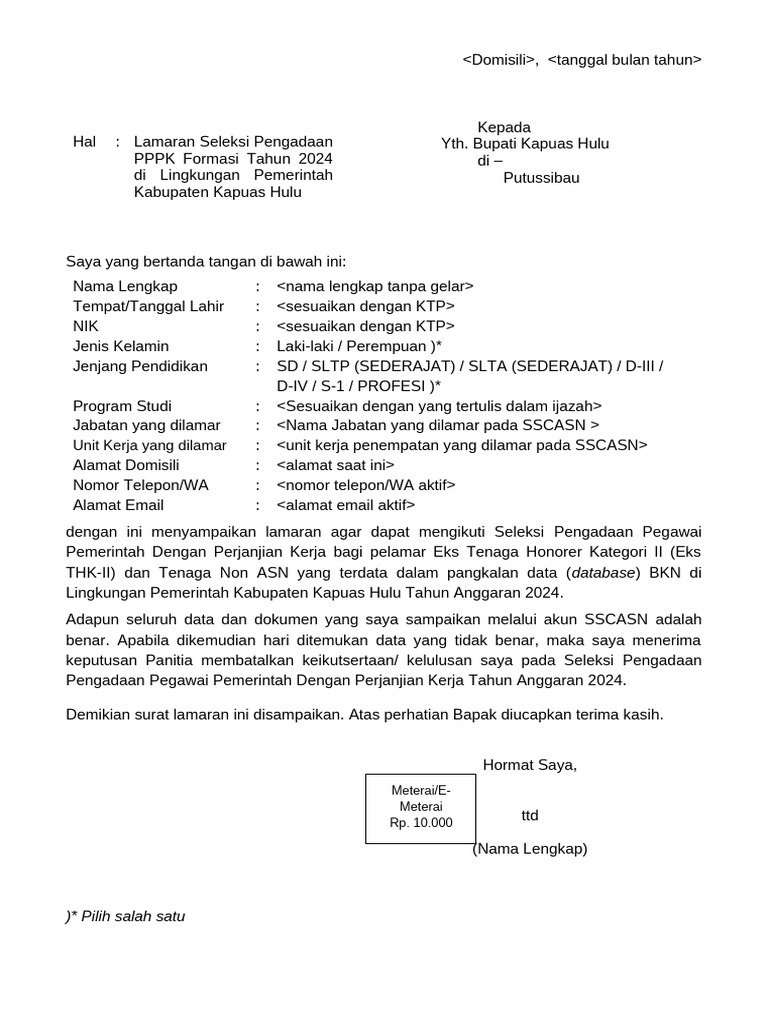 Format Surat Lamaran PPPK 2024 (Teknis-Nakes-Guru) | PDF