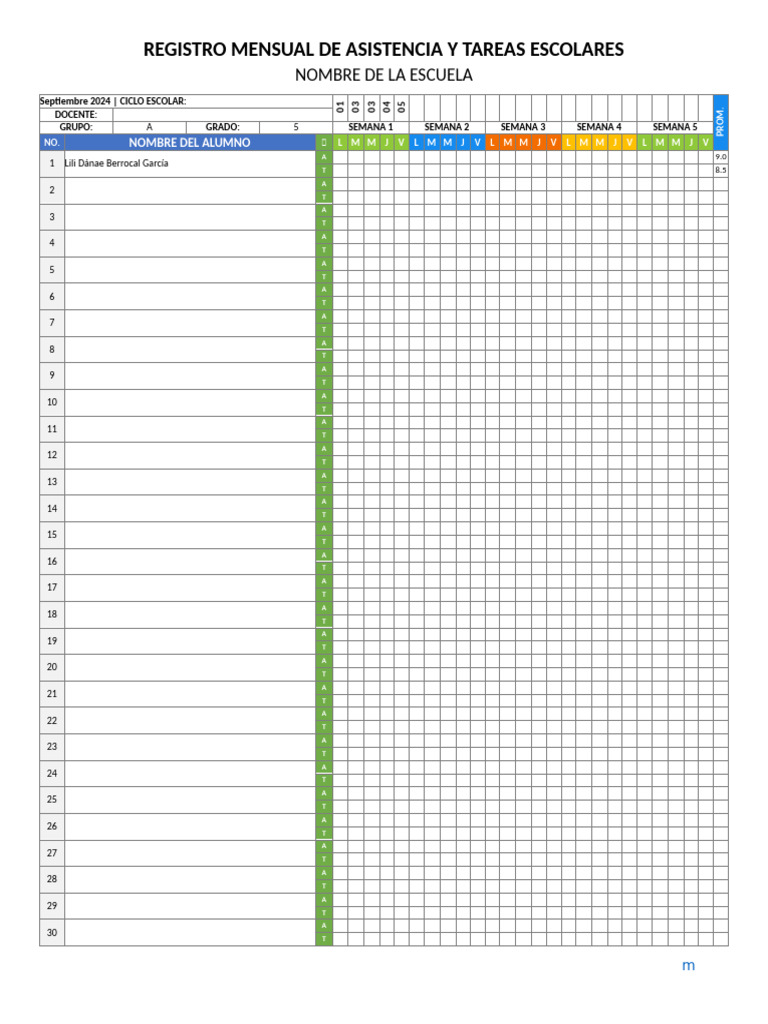 Registro Escolar Mensual 5° Grado | PDF