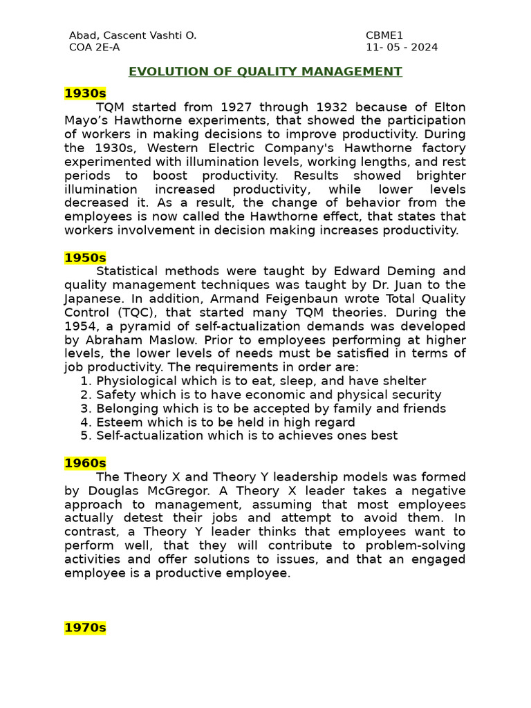 CBME1 - Evolution of TQM | PDF | Quality Management | Business