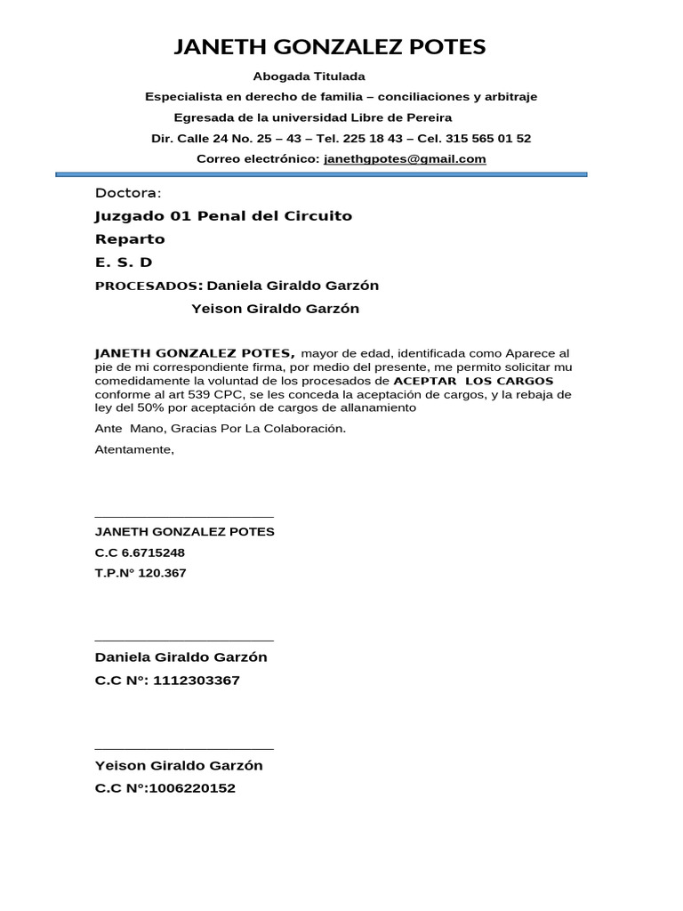 Aceptacion de Cargos de Allanamiento Daniela Giraldo Garzon Y Yeison Giraldo Garzon | PDF