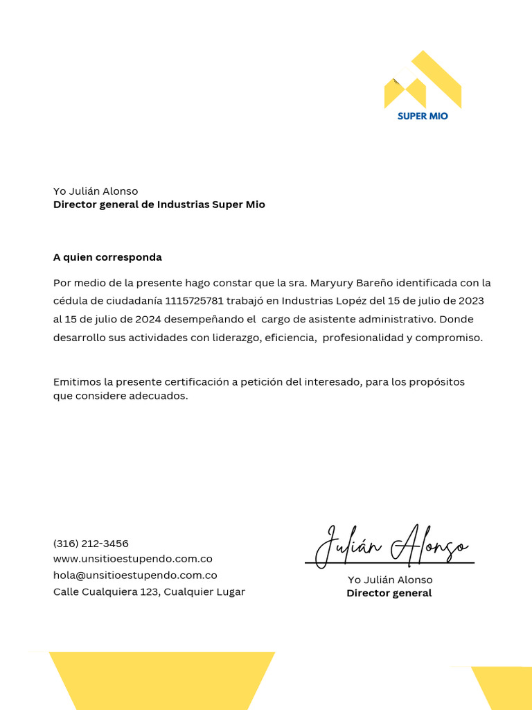 Documento A4 Carta de Certificación Laboral Corporativa Azul y Blanco ...