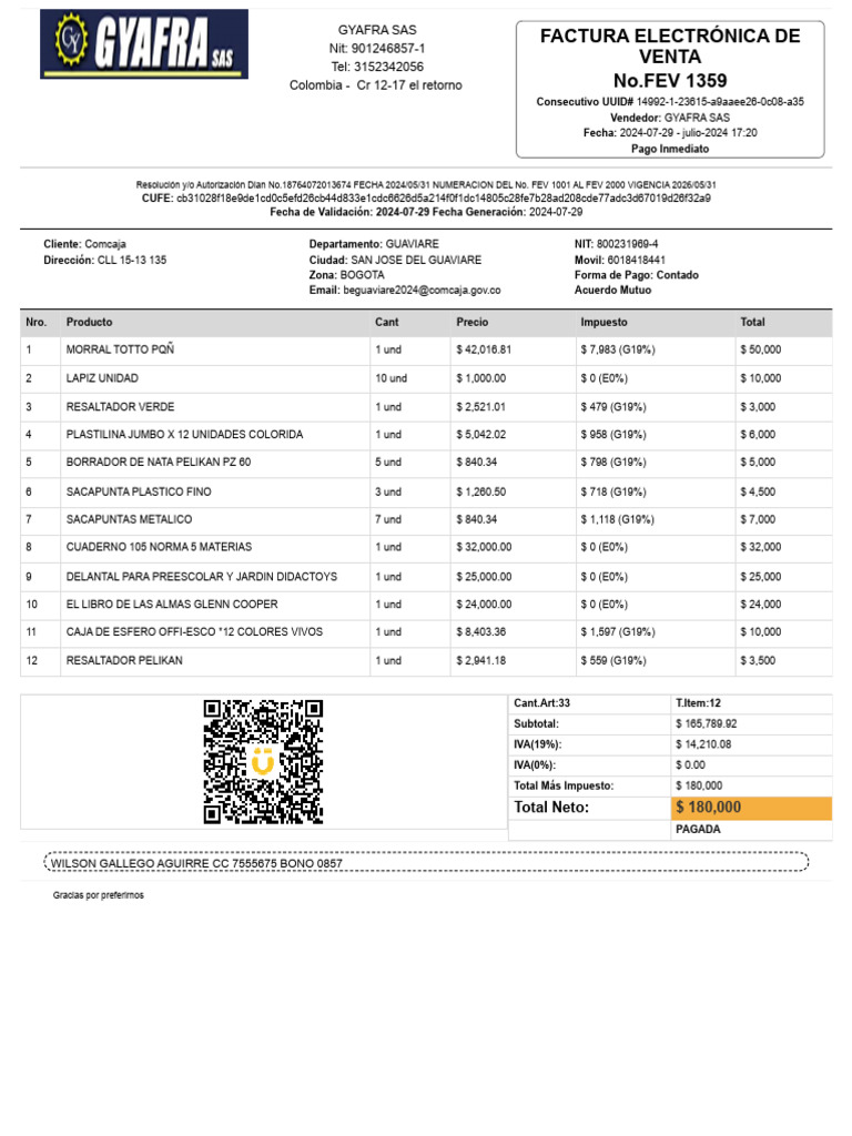 Factura 1359 | PDF | Tecnología bancaria | Pagos
