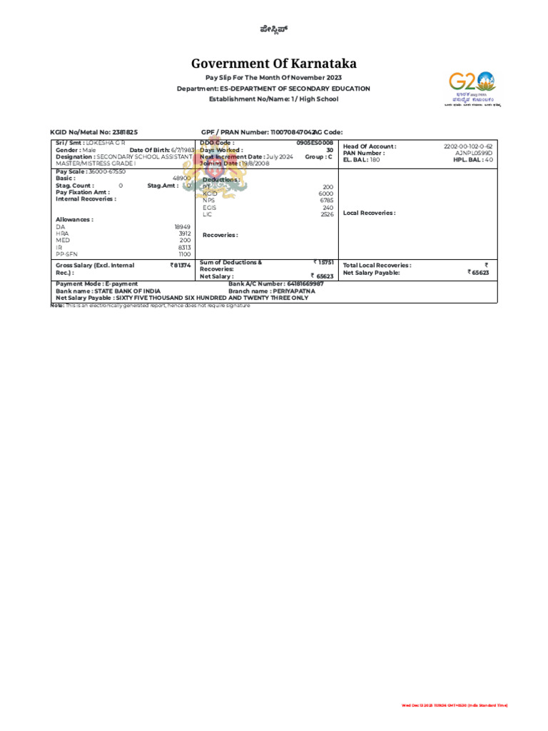 Karnataka Government Employee Payslip | PDF | Taxes | Government Finances