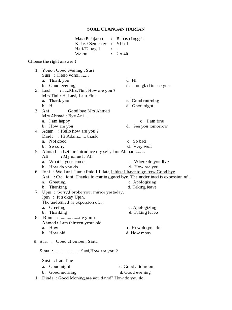 SOAL ULANGAN HARIAN Bahasa Inggris Kelas 7 | PDF | Language Arts ...