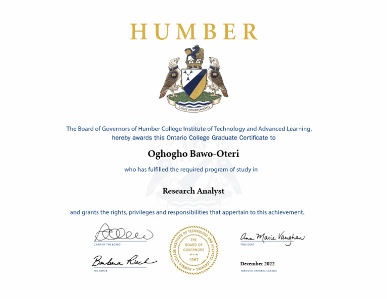 Humber Certificate | PDF