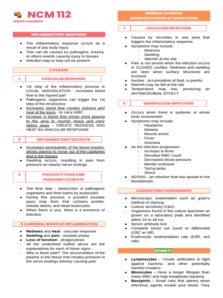 NCM 112 Inflammatory Response | PDF | Lymphatic System | Lymphocyte