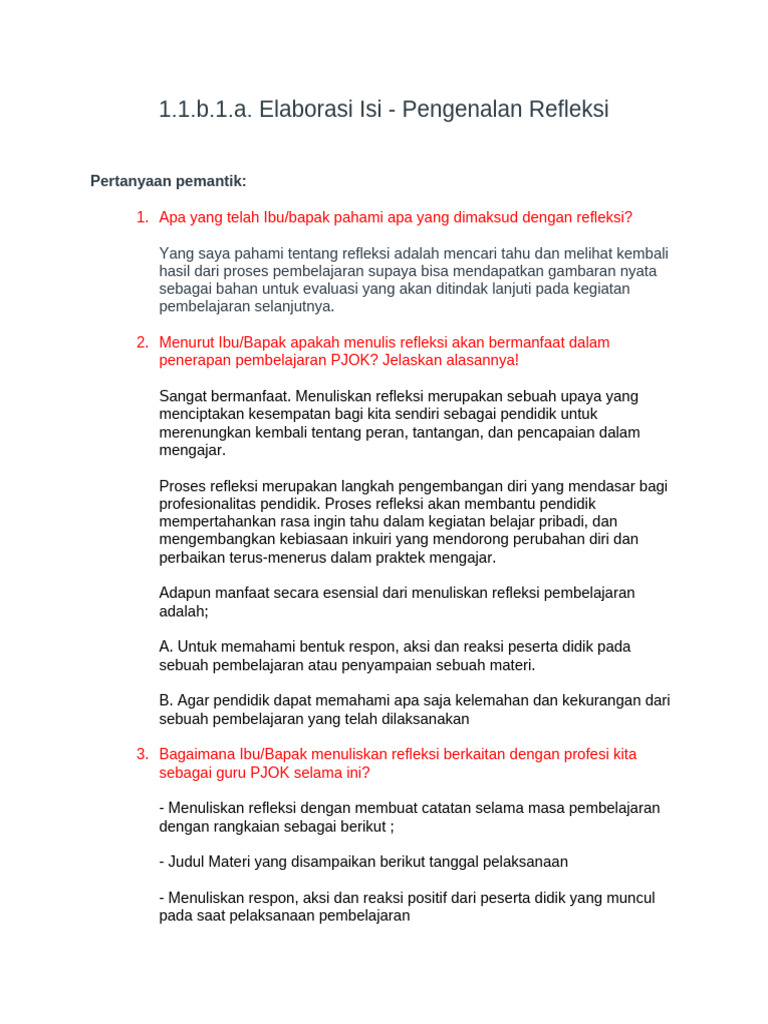 Manfaat Refleksi dalam Pembelajaran PJOK | PDF | Karier & Perkembangan