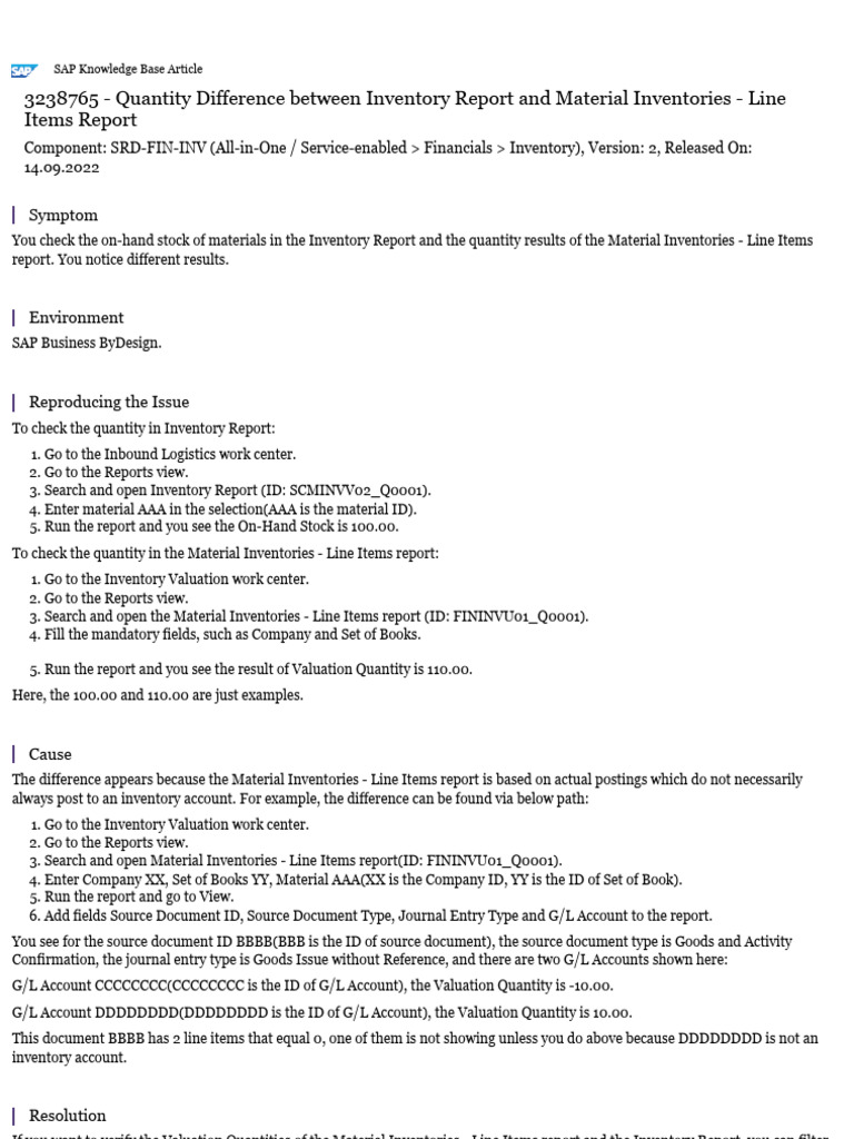 Qty Difference Between Inventory Report and Material Inv Line Items Report | PDF | Inventory ...