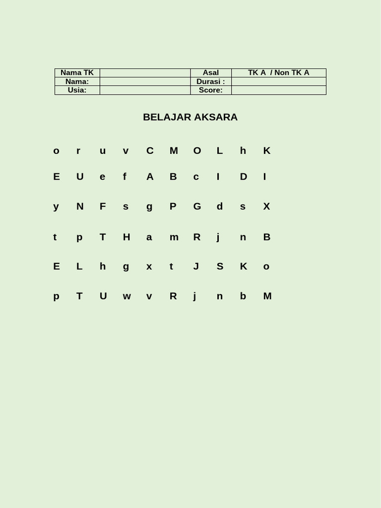 Tes Kemampuan Membaca Anak TK | PDF | Seni & Disiplin Bahasa ...
