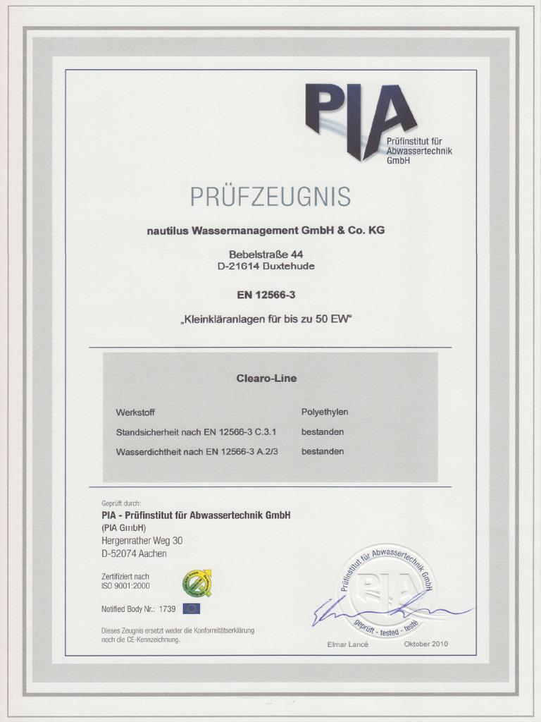 Prüfzeugnis Clearo-Line ST Und WD Nach DIN EN 12566-3 | PDF