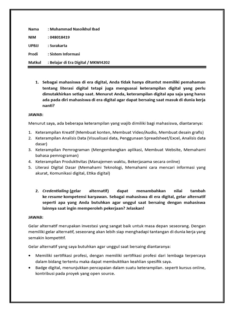 TUGAS 1 Belajar Di Era Digital MKWI4202 - Muhammad Nasoikhul Ibad | PDF | Ilmu Sosial | Komputer