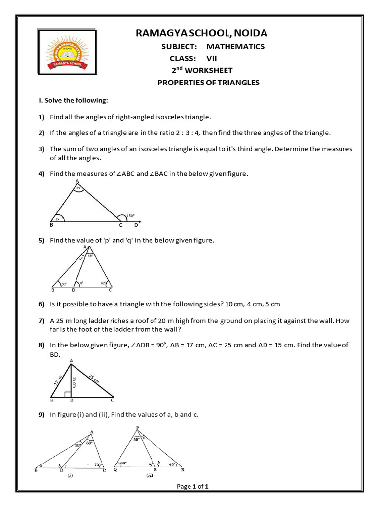 Class 7 Triangle Properties Worksheet | PDF