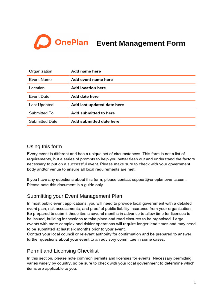 OnePlan Template Event Management Plan | PDF | Road | Emergency Evacuation