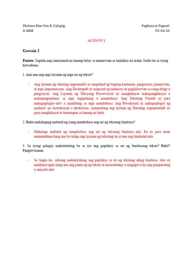 Calupig, Sheinna Mae Von B. Activity 2 Pagbasa at Pagsuri | PDF